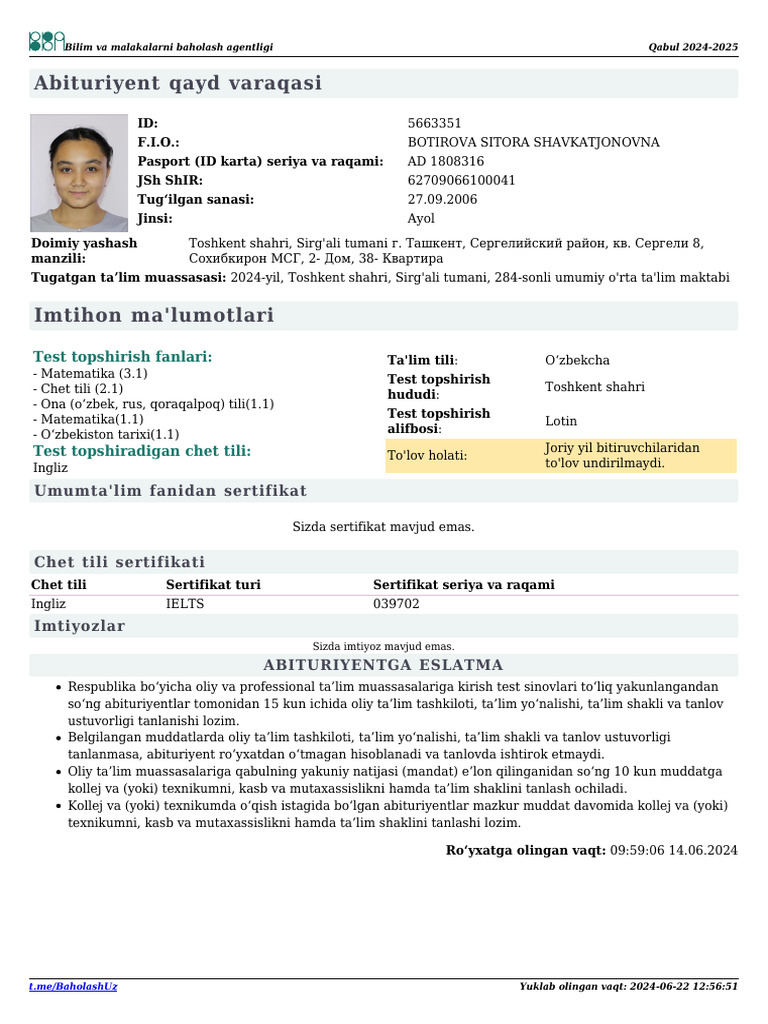 Botirova Sitora Shavkatjonovna Qayd Varaqa | PDF