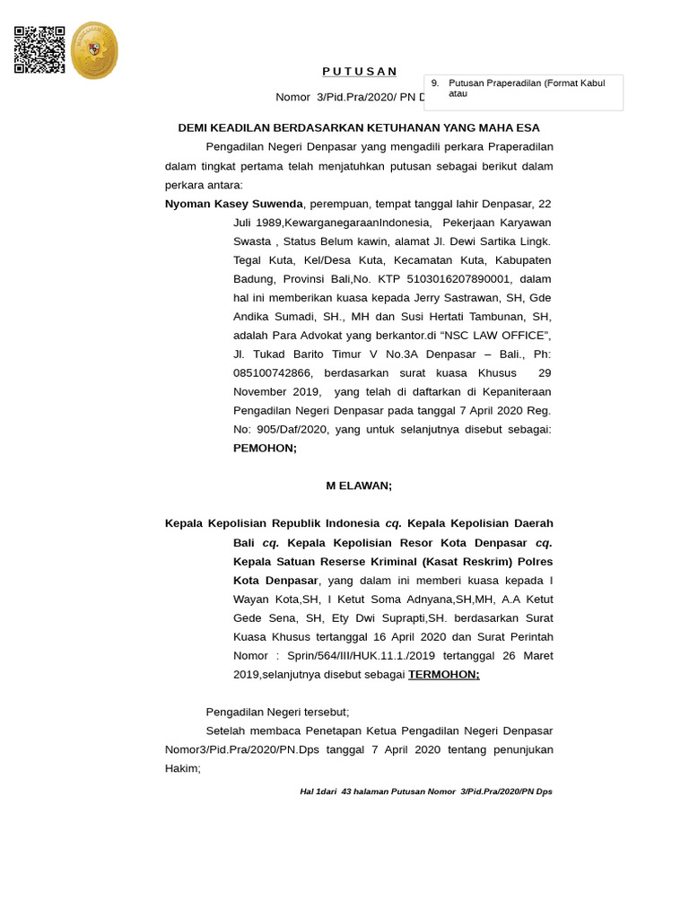 Putusan 3 Pid - Pra 2020 PN Dps 20240917190707 | PDF