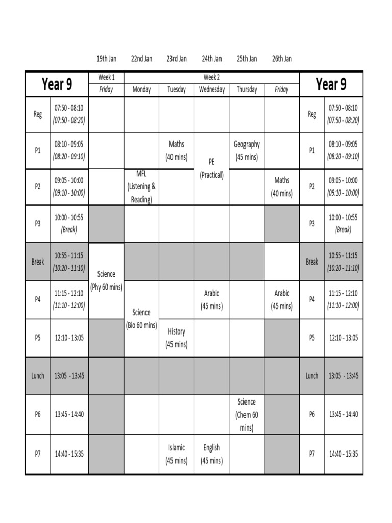 Year 9 AW2 Timetable | PDF
