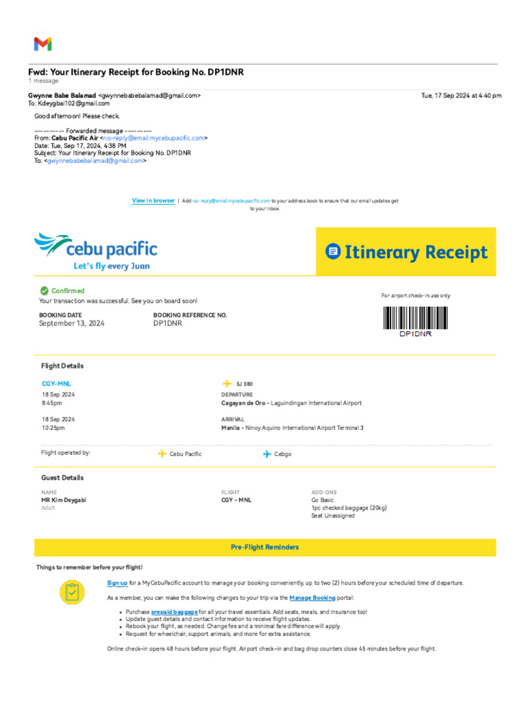 Receipt For Booking No. DP1DNR | PDF