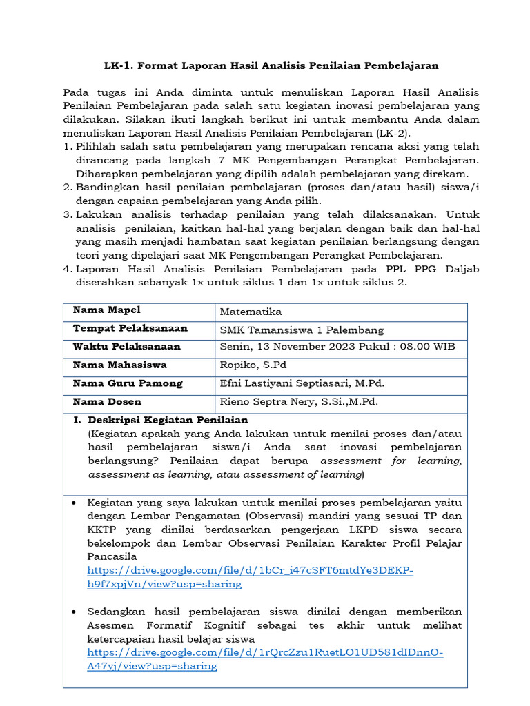 LK-1 Format Hasil Asesmen Pembelajaran - ROPIKO - SK2 | PDF