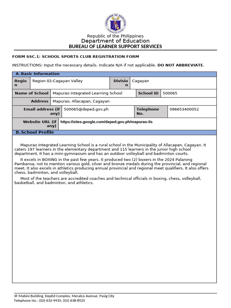 FORM SSC.1 Mapurao White Eagles | PDF | Sports & Recreation