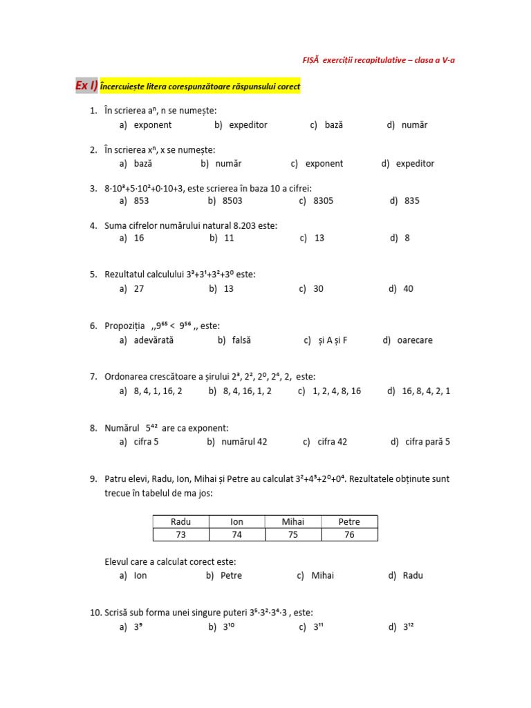 Fisa Ex Recapitulare Cls 5 | PDF
