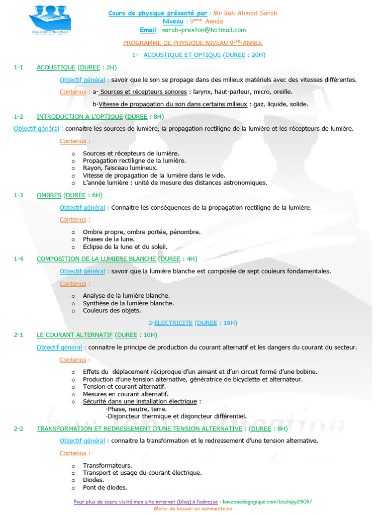 1 Programme de Physique Niveau 9eme Annee 1 | PDF