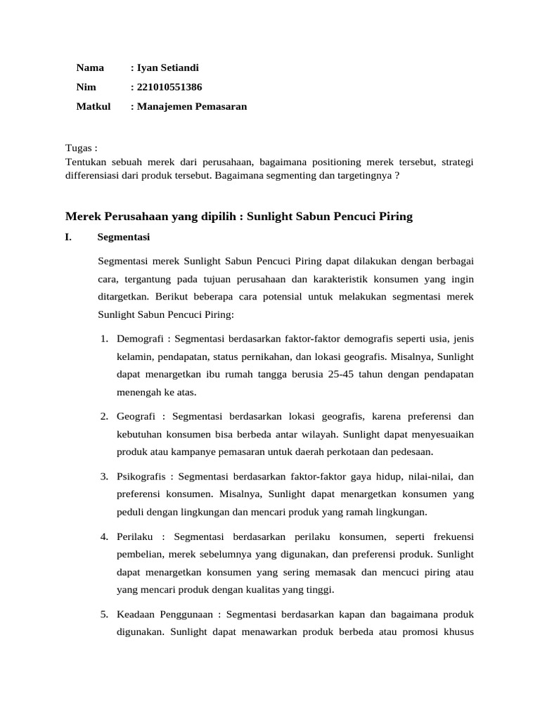 Analisa STP Sunlight Sabun Cuci Piring (Iyan Setiandi - 221010551386) Ruang 317 | PDF