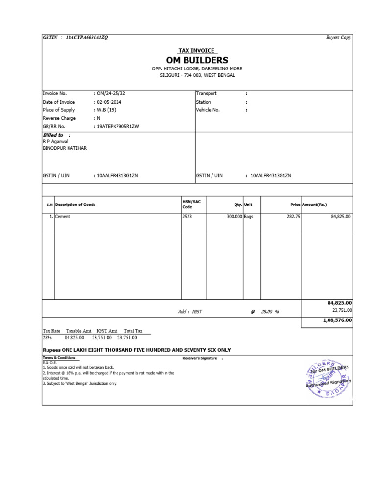 Om Builders: Tax Invoice | PDF