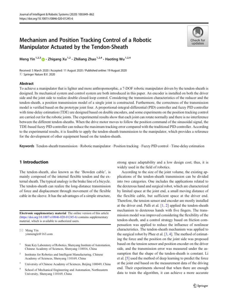 Mechanism and Position Tracking Control of A Robotic Manipulator Actuated by The Tendon-Sheath | PDF