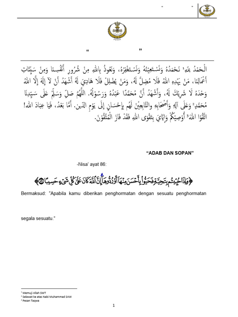 Adab dan Sopan: Khutbah Jumaat 2 Feb 2024 | PDF