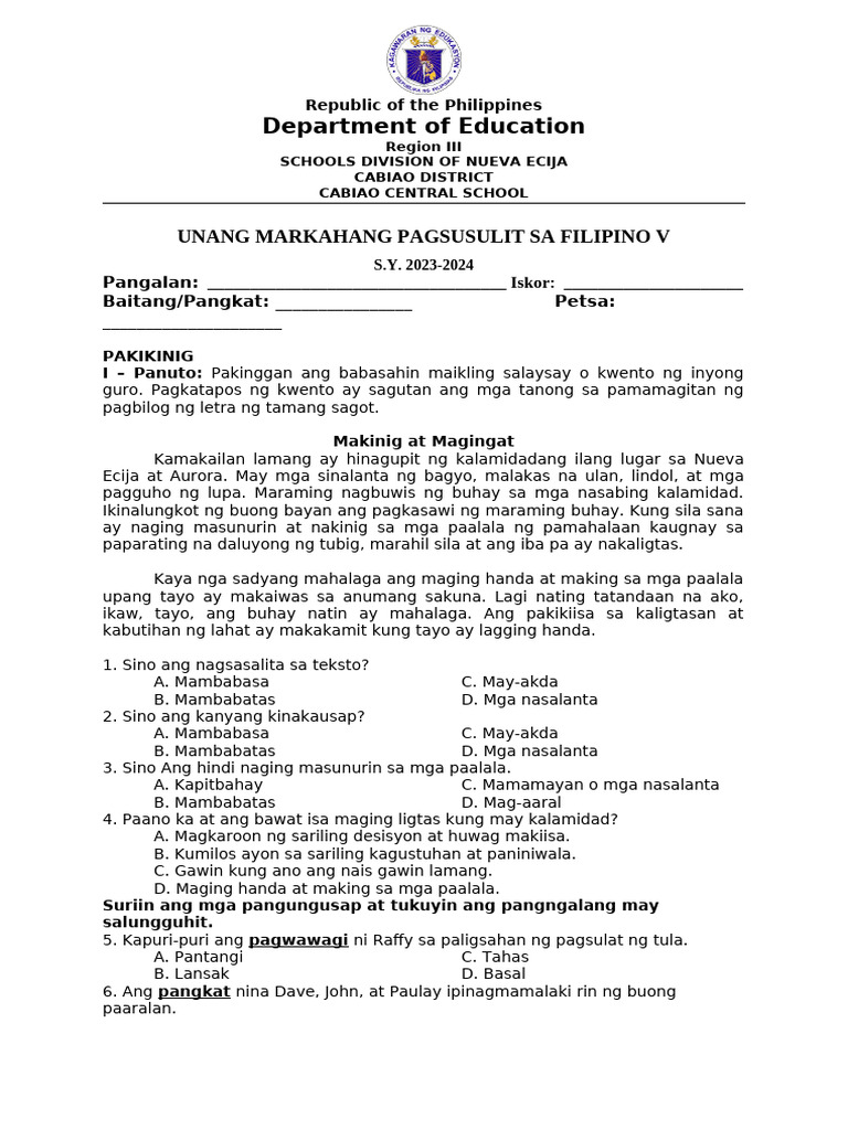 FINAL 1st PT in FILIPINO V | PDF | Philippines