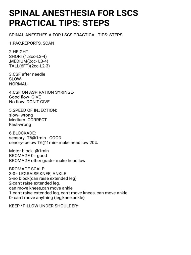 Spinal Anesthesia For Lscs | PDF