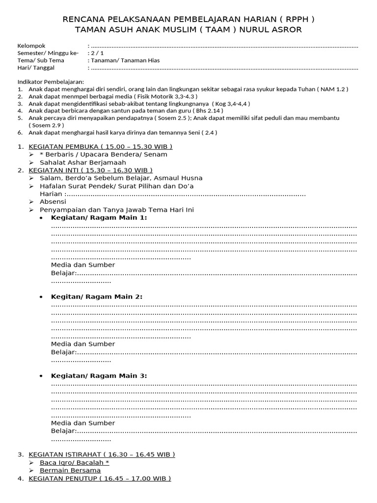 RPPH Taman Asuh Anak Muslim | PDF