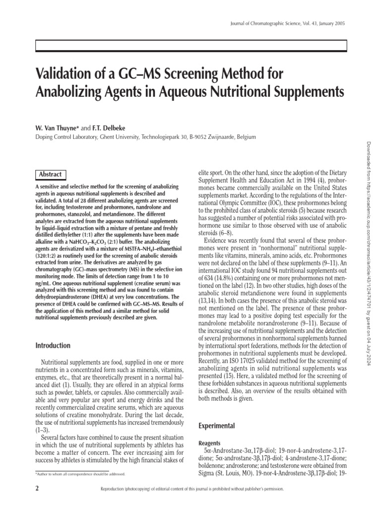 Validation of A GC-MS Screening Method For Anabolizing Agents in Aqueous Nutritional Supplements ...