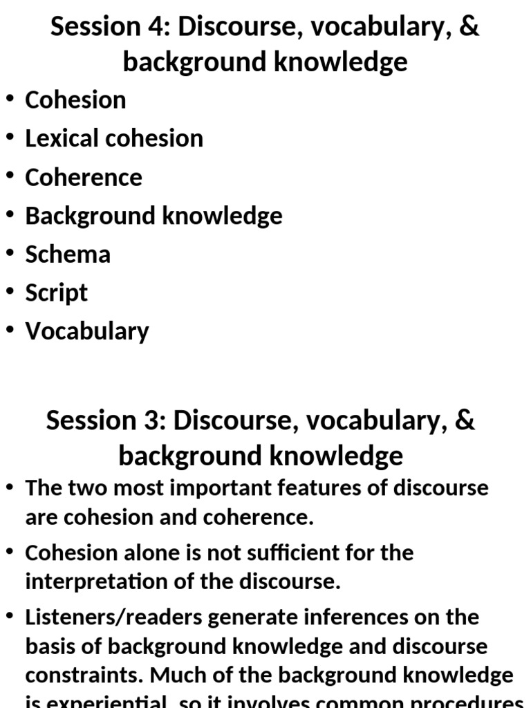 Session 5 Discourse, Vocabulary and Background Knowledge | PDF