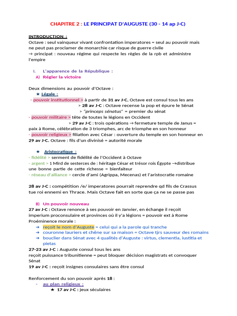 CHP 2 - LE PRINCIPAT D'AUGUSTE (30 - 14 Av J-C) | PDF