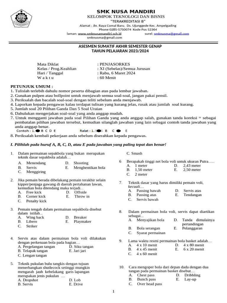 Pjok Uts KLS Xi 2023-2024 Genap | PDF