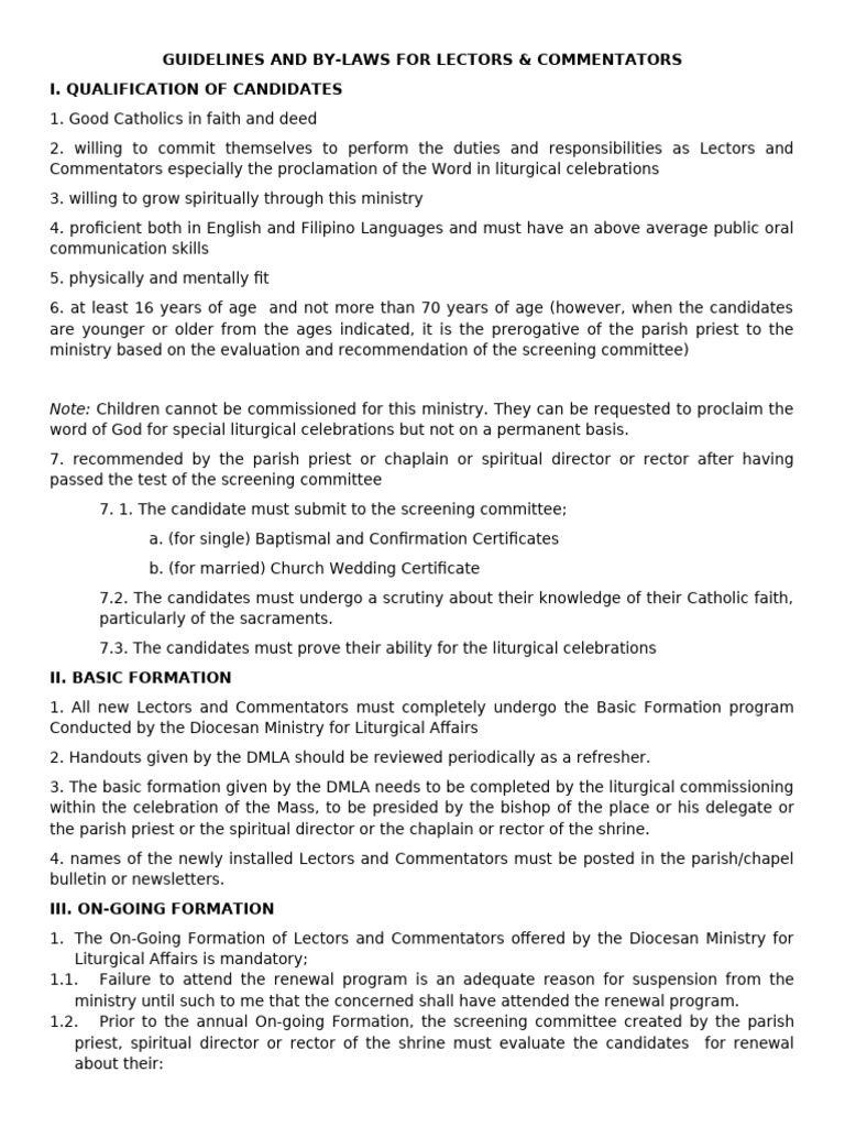 GUIDELINES & BY-LAWS OF LECTORS & COMMENTATORS (1) | PDF