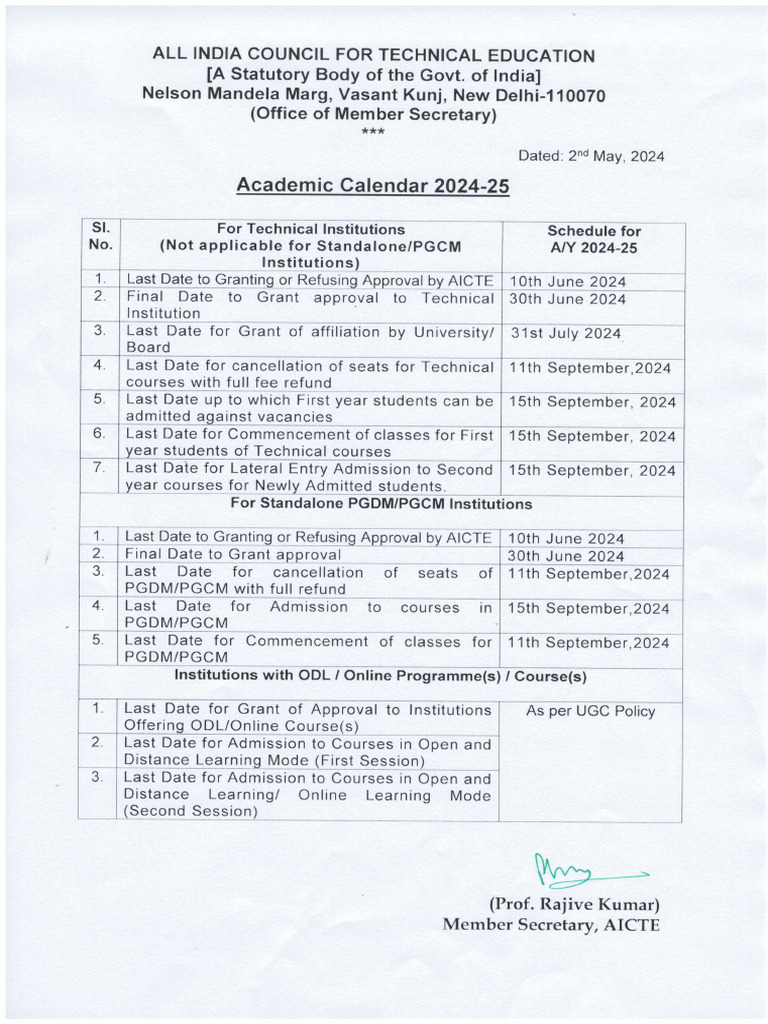 AICTE Academic Calandar 2024-25 | PDF