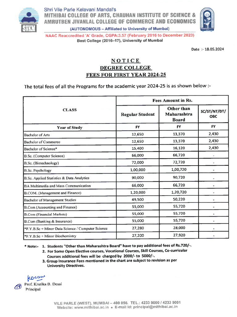 FY Fee Chart 2024 25 | PDF