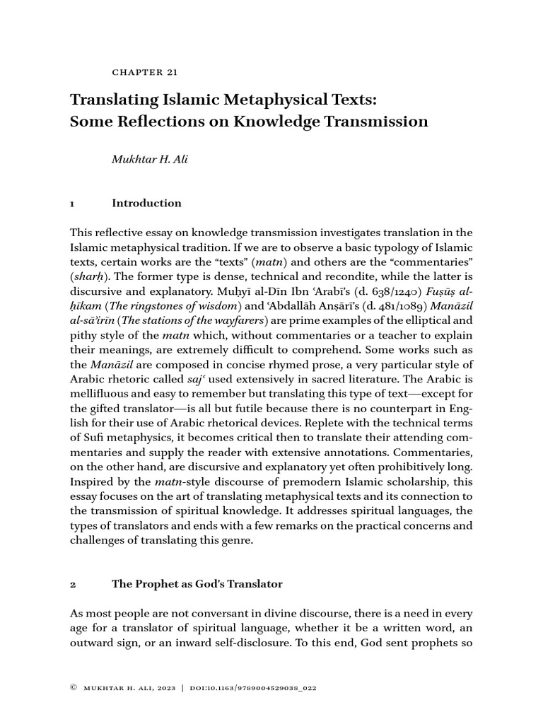 Translating Islamic Metaphysical Texts. Some Reflections On Knowledge Transmission. Mukhtar H ...