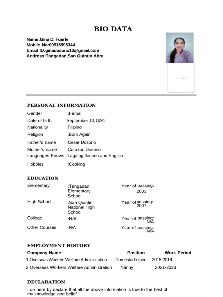 Biodata For Job | PDF