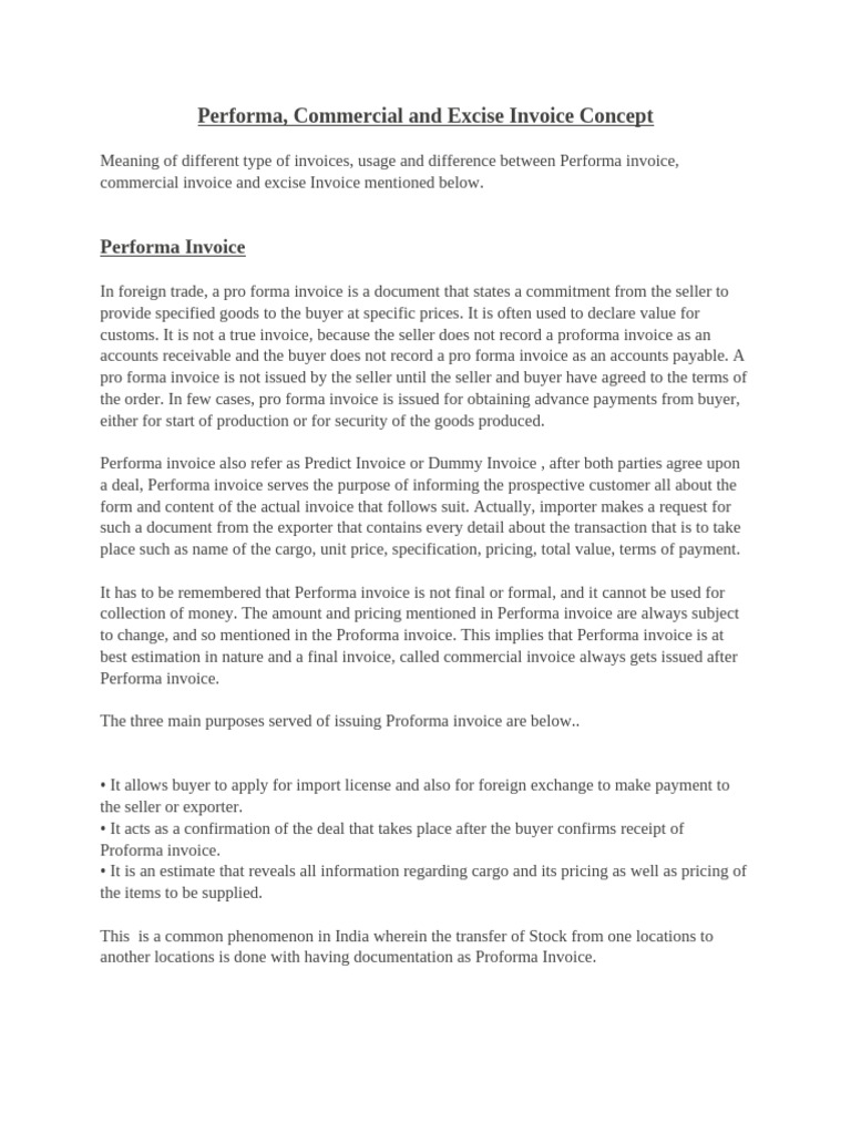 Performa, Commercial and Excise Invoice Concept | PDF