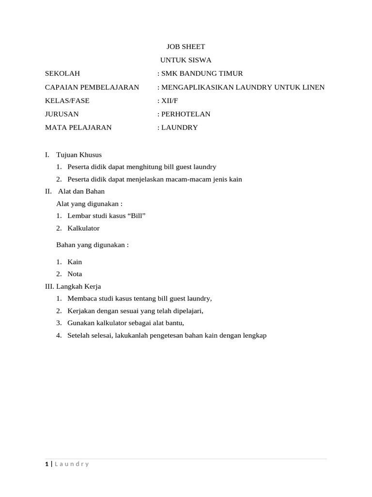 JOB SHEET Laundry | PDF | Clothing
