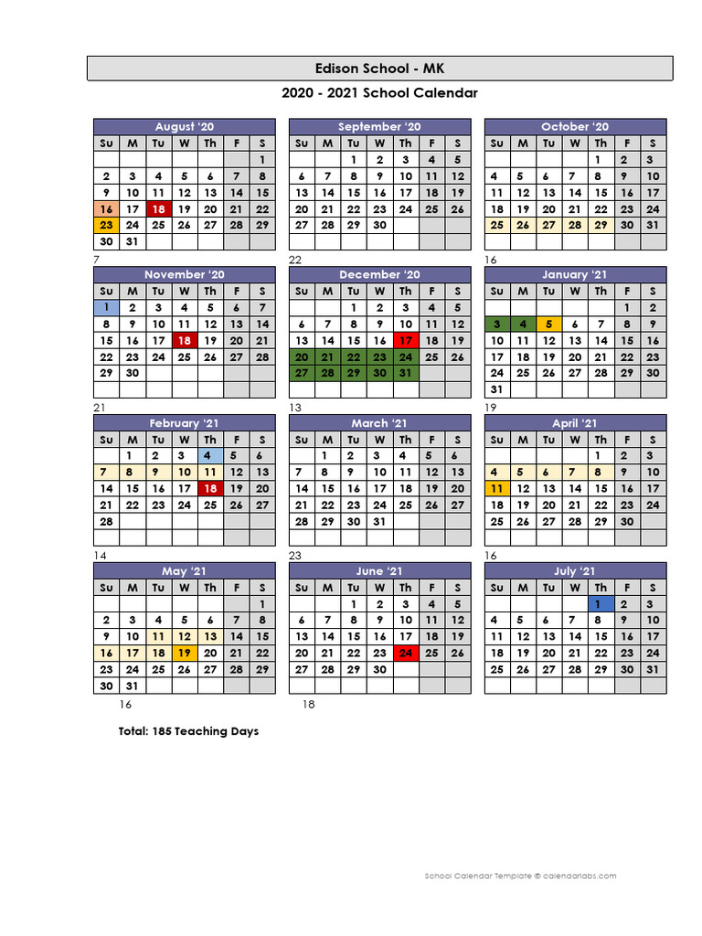 Edison School - MK 2020 - 2021 School Calendar: August 20 September 20 ...