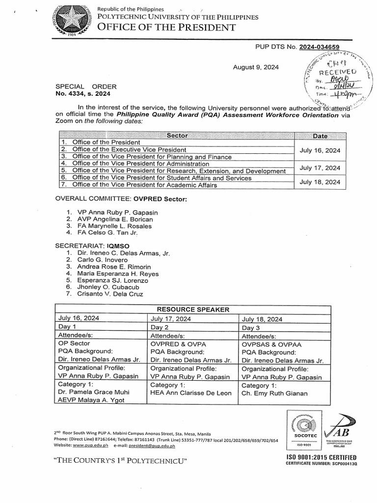 Philippine Quality Award (PQA) Assessment Workforce Orientation Via Zoom - Special - Order | PDF