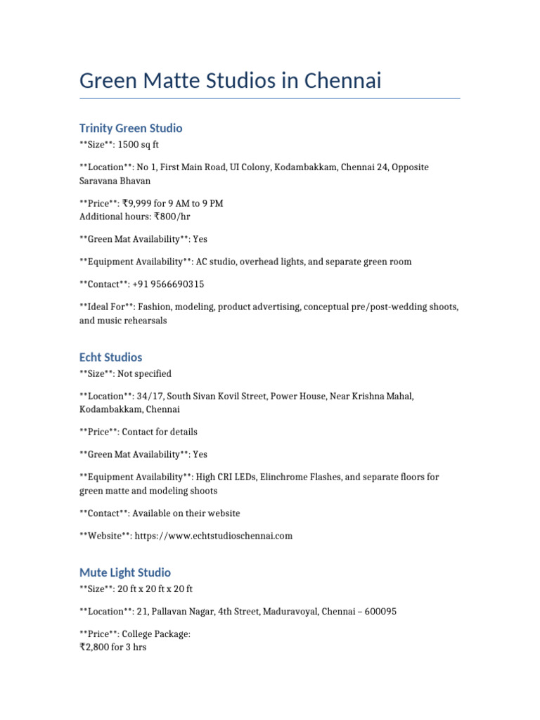 Green Matte Studios Chennai | PDF