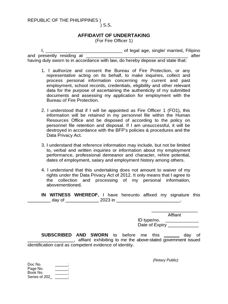 Affidavit of Undertaking for FO1 | PDF | Affidavit | Authentication