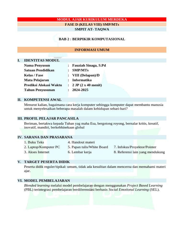 Modul Ajar Informatika Fase D Kelas 8 Bab 2 (Struktur Data) | PDF