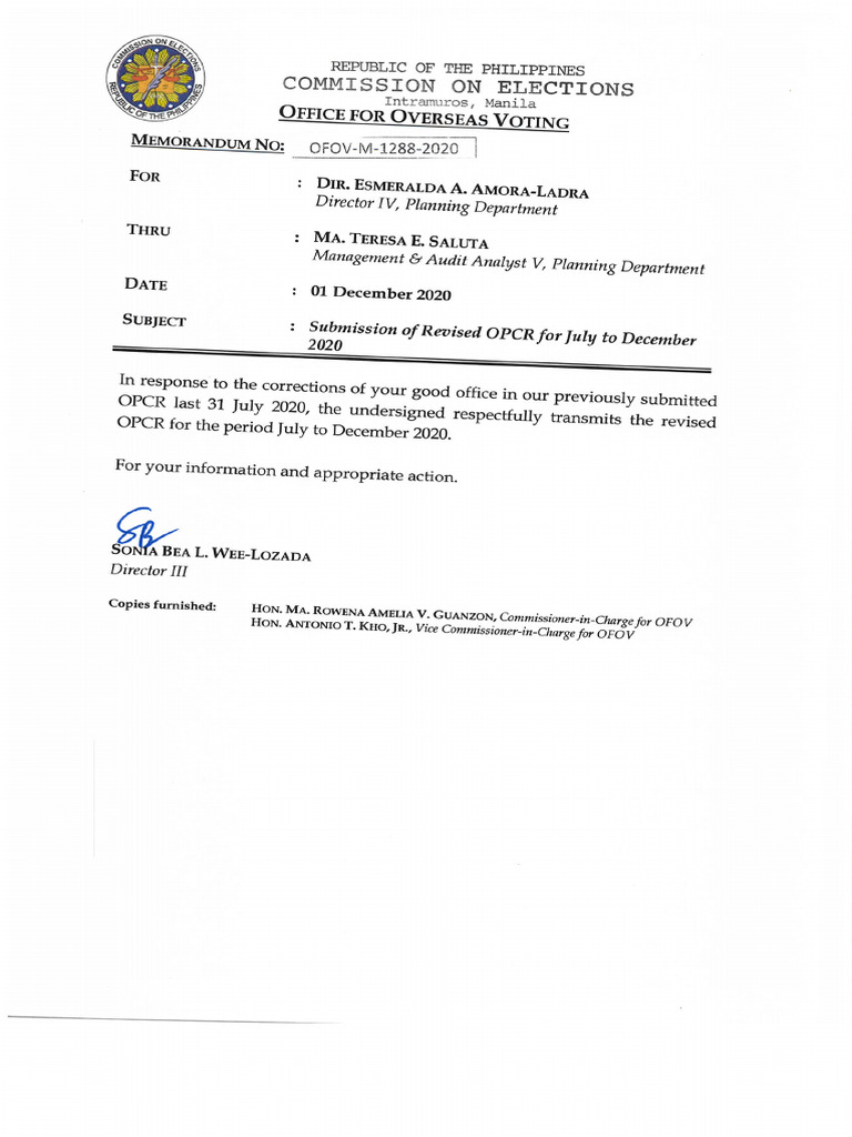 (1288-2020) Submission of Revised OPCR For July To December 2020 | PDF