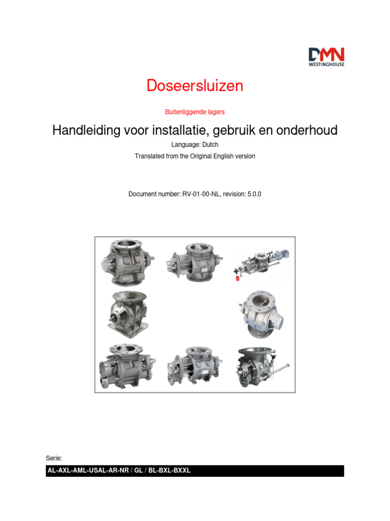 DMN-WESTINGHOUSE Doseersluizen Buitenliggende Lagers Handleiding Voor Installatie, Gebruik en ...