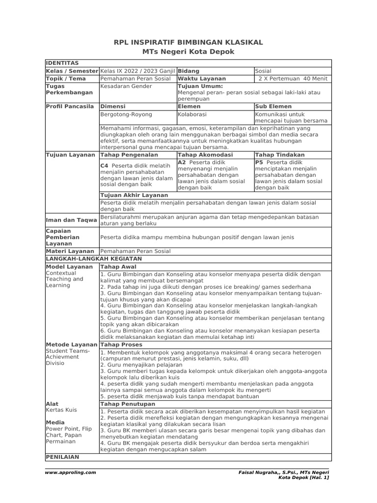 RPL Inspiratif Bimbingan Klasikal Mts Negeri Kota Depok | PDF