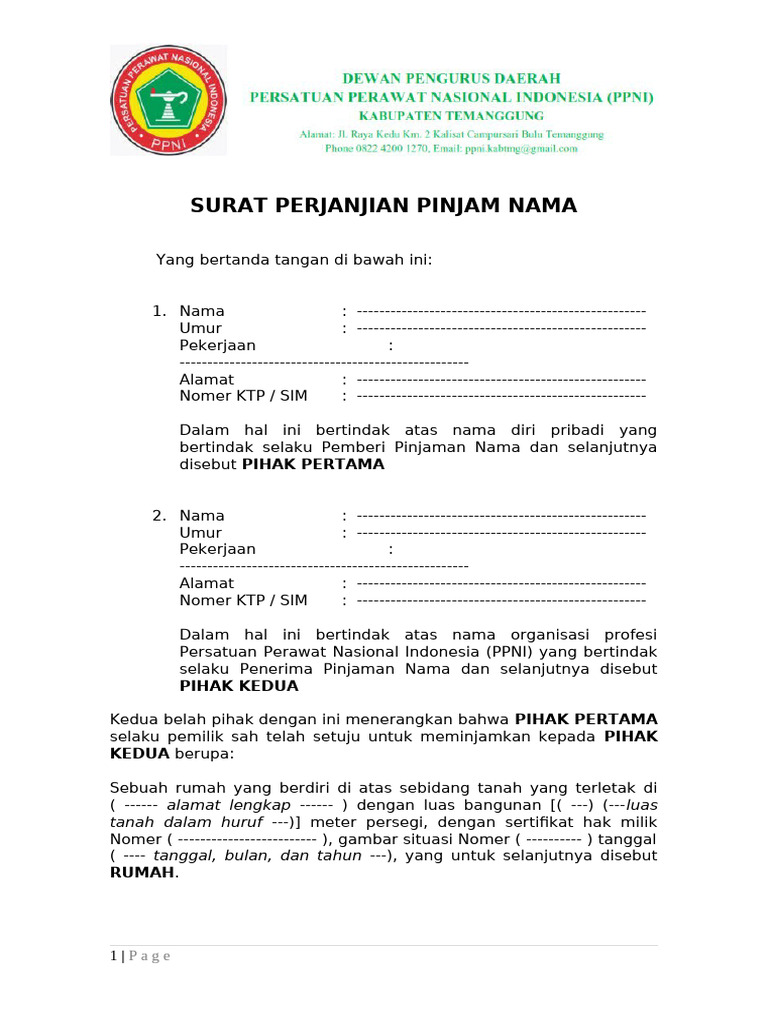 Perjanjian Pinjam Nama Ppni | PDF