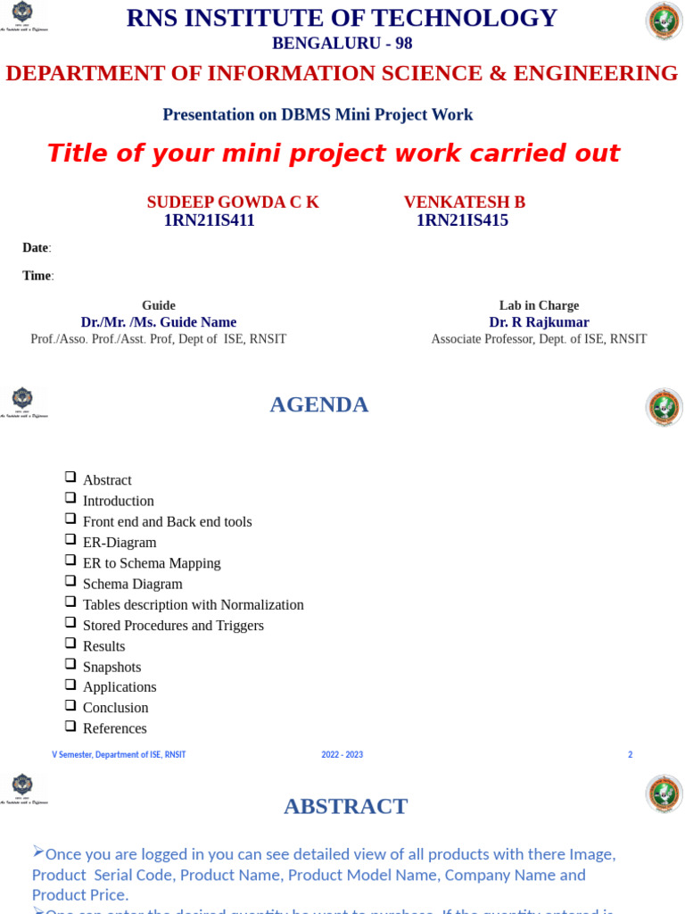 DBMS Mini Project Presentation Template 1RN1xISxxx - Ur - Name | PDF