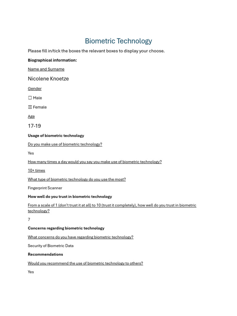 Biometric Technology Original Questionnaire-1 | PDF