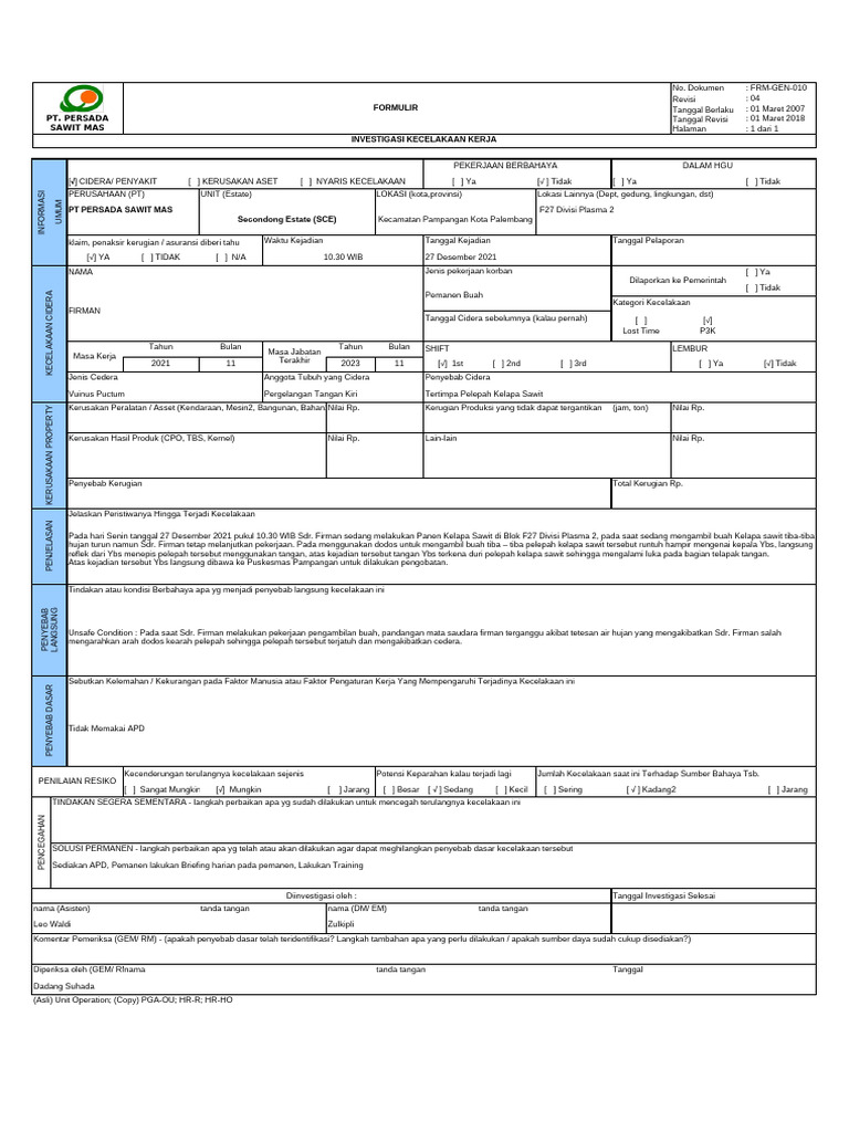 FRM-GEN-010 Form Investigasi Kecelakaan Kerja Rev 4 | PDF
