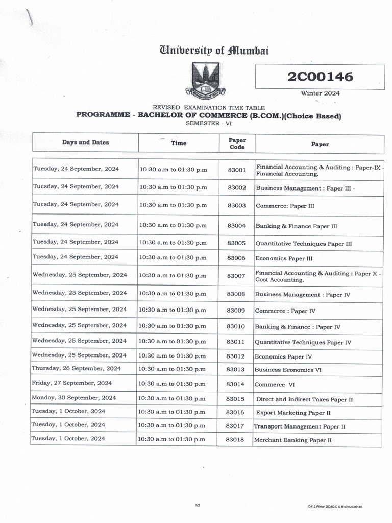 T.Y. B.com Sem VI Time Table Winter - 2024 (ATKT) | PDF