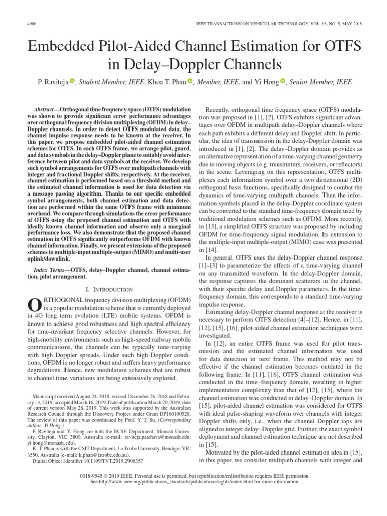 Embedded Pilot-Aided Channel Estimation For OTFS in DelayDoppler ...