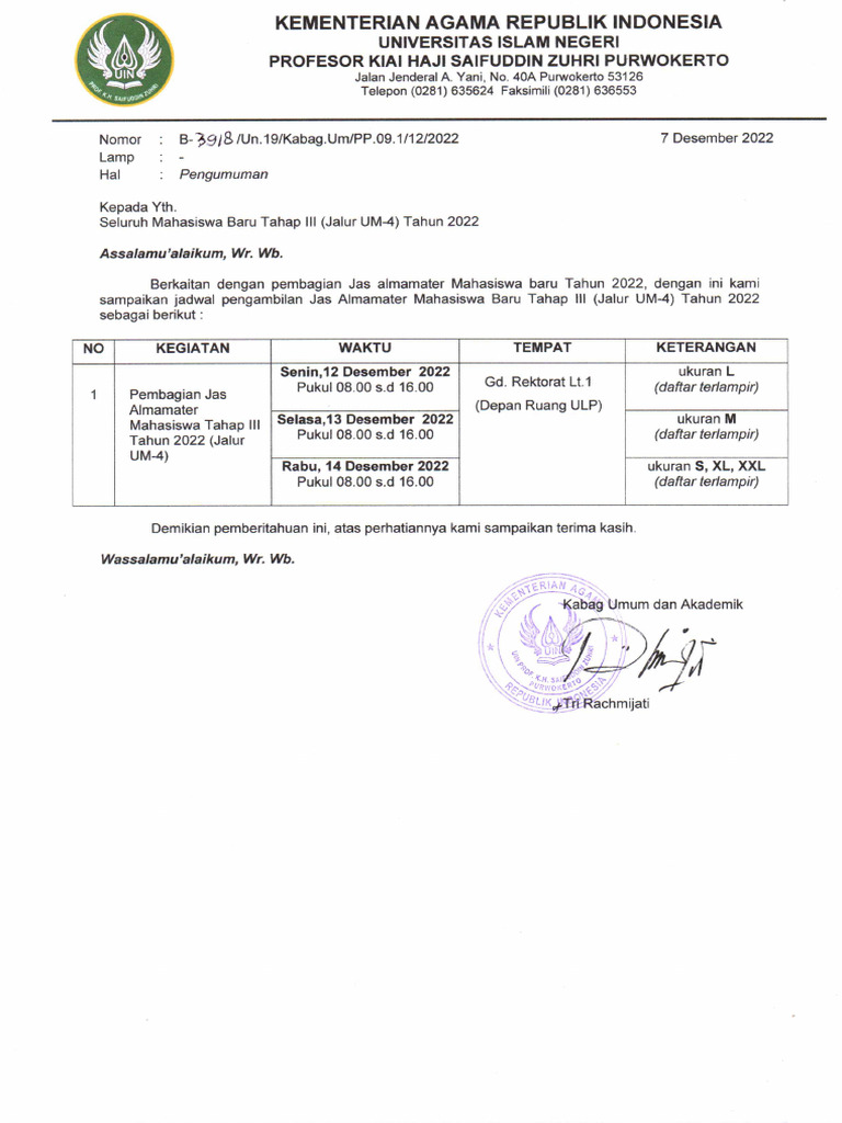 Pengumuman Pengambilan Jas Almamater Tahap III | PDF