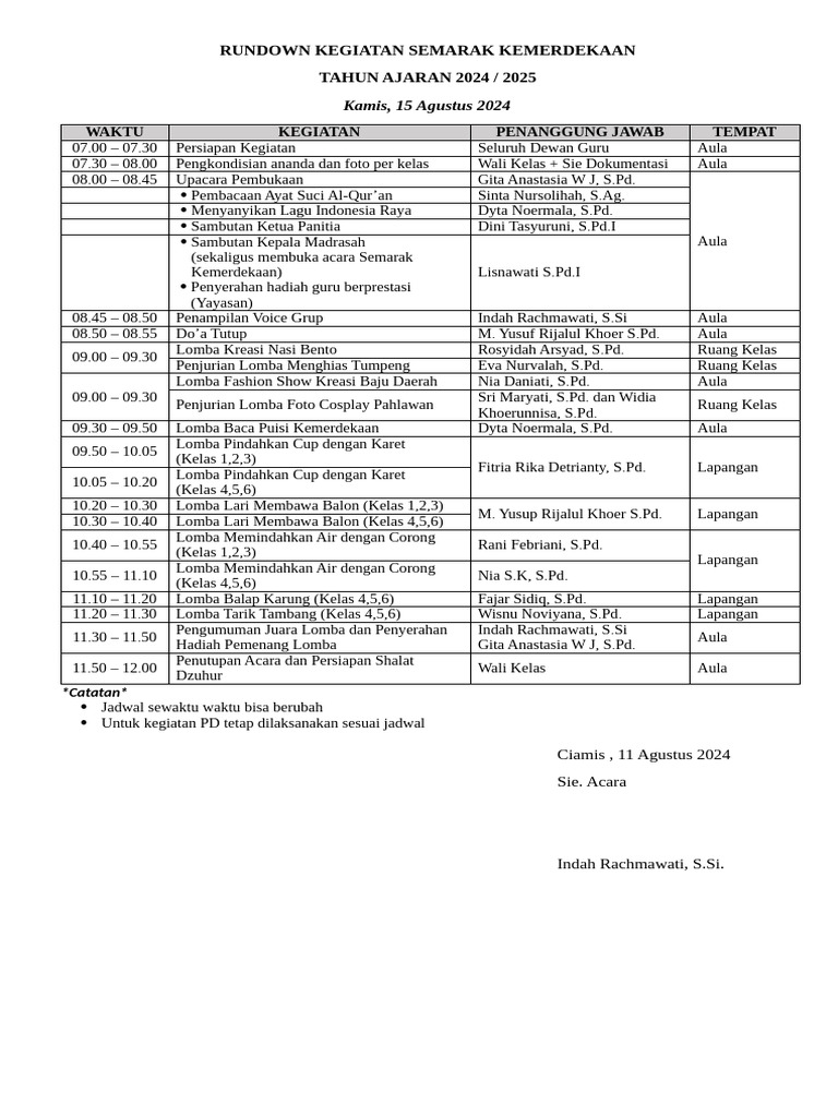 Contoh Rundown Semarak Kemerdekaan 2024 | PDF