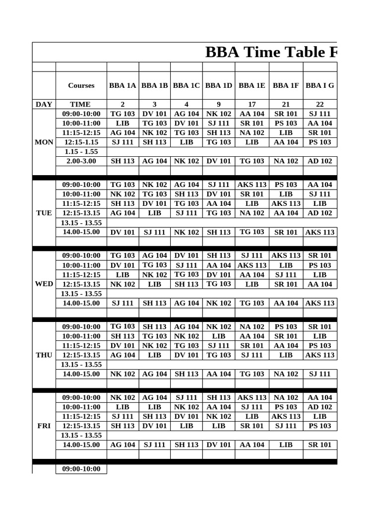 BBA Time Table-1 | PDF