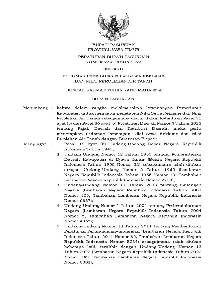 Perbup Tentang Penetapan NSR Dan NPA 2024 | PDF