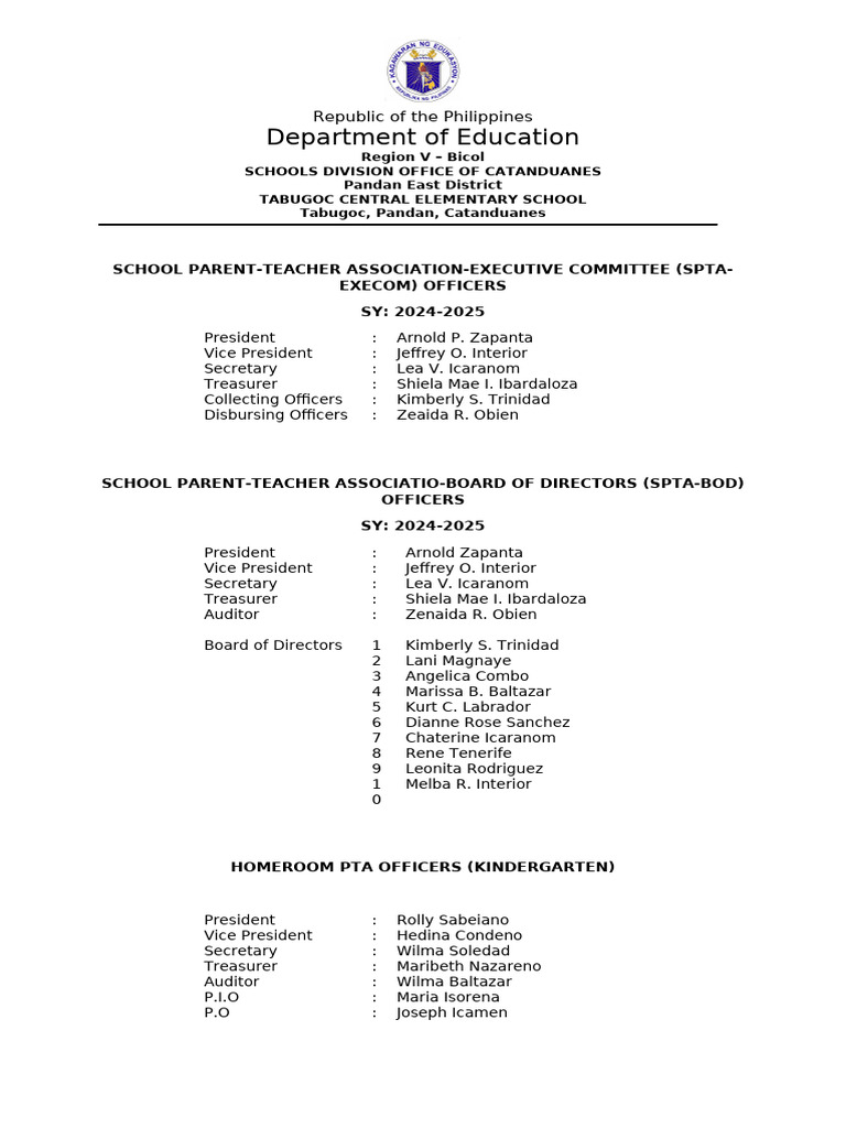 PTA Officers 2024-2025 | PDF