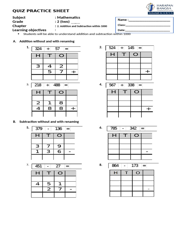Quiz Practice Addition and Subtraction | PDF