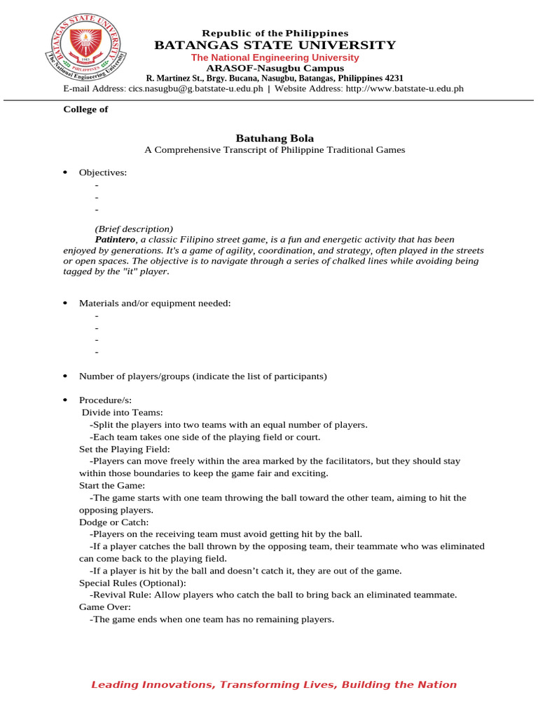 Batangas State University: Batuhang Bola | PDF