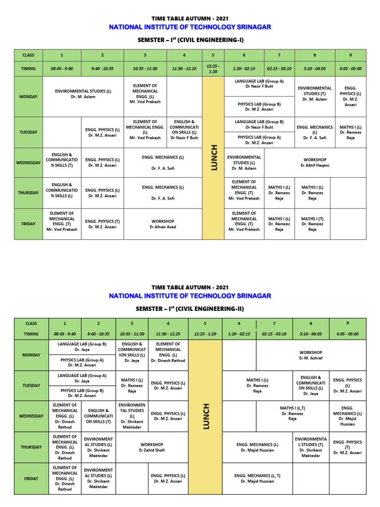 Time Table BTech 1st SEM Autumn 2021 | PDF