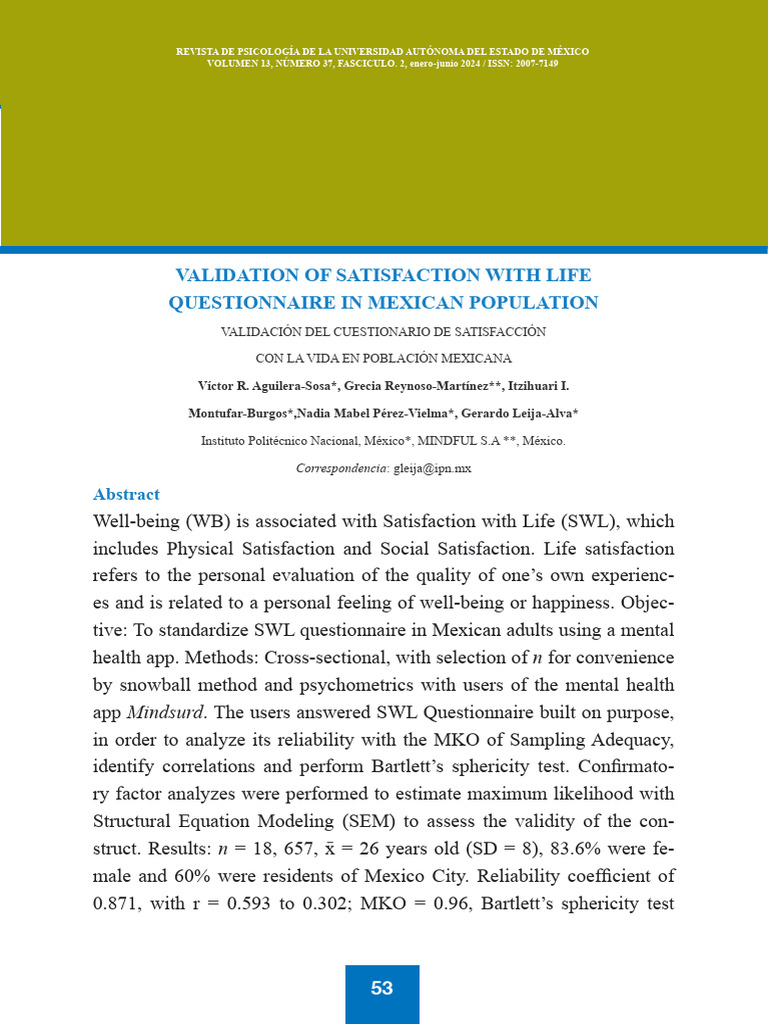 Validation of Satisfaction With Life Questionnaire | PDF