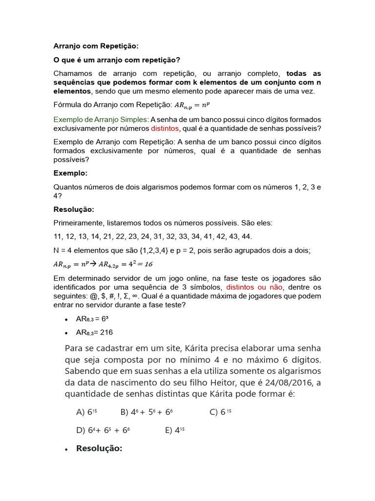 AULA SOBRE - Arranjo e Combinação Com Repetição | PDF